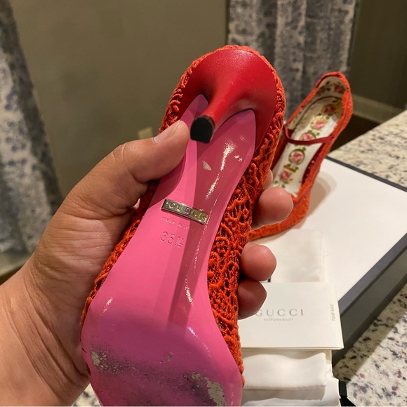 Gucci | Shoes | Gucci Virginia Crystal Embellished Red Floral Lace Mary ...